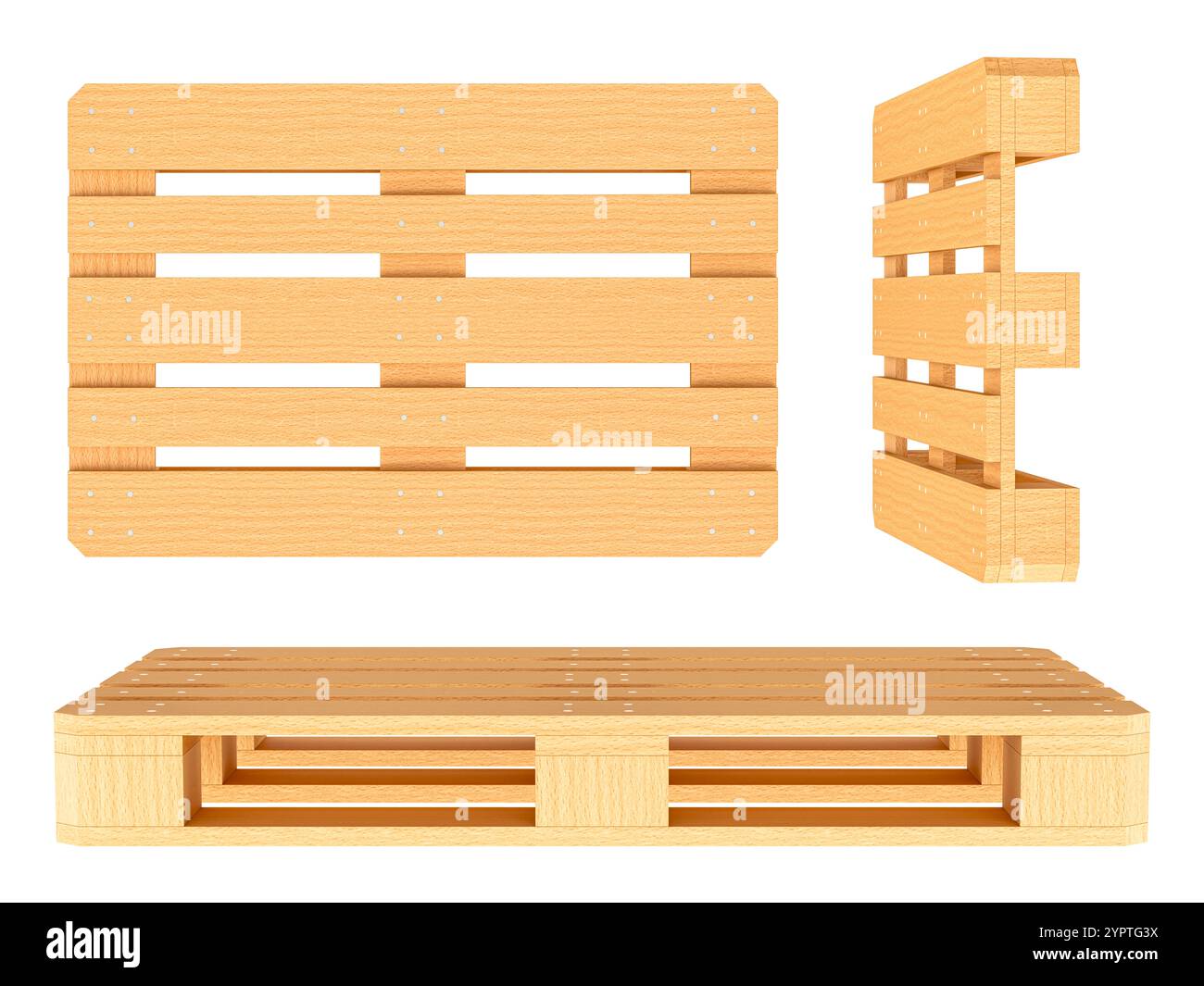Wooden Pallets, side and front views. 3D rendering isolated on white ...