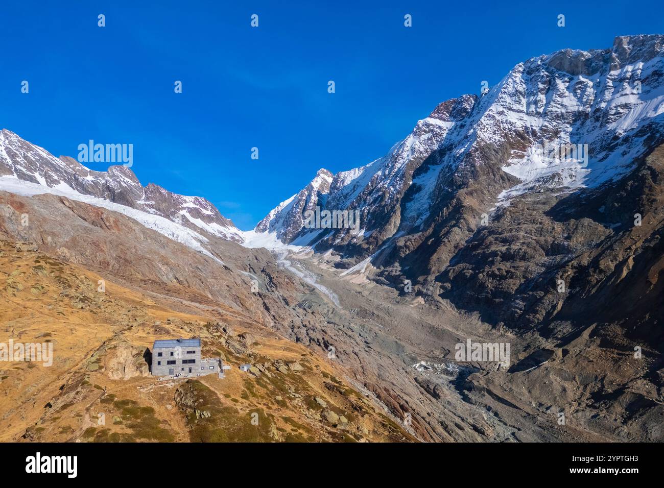 Aerial view of the Anenhutte refuge in Lotschental valley in autumn ...