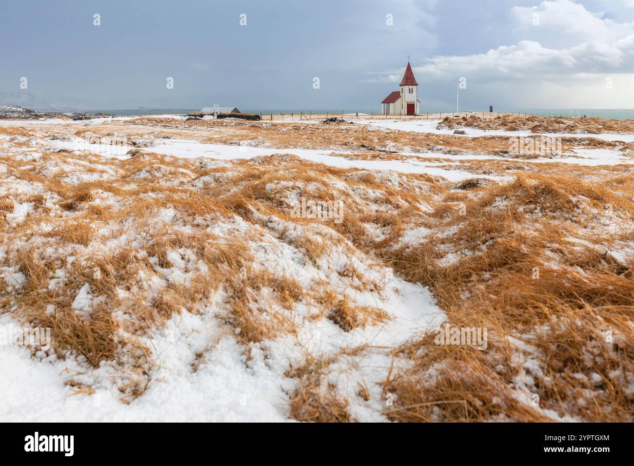 View of Hellnar church in the morning in winter. Hellnar, Snæfellsnes ...