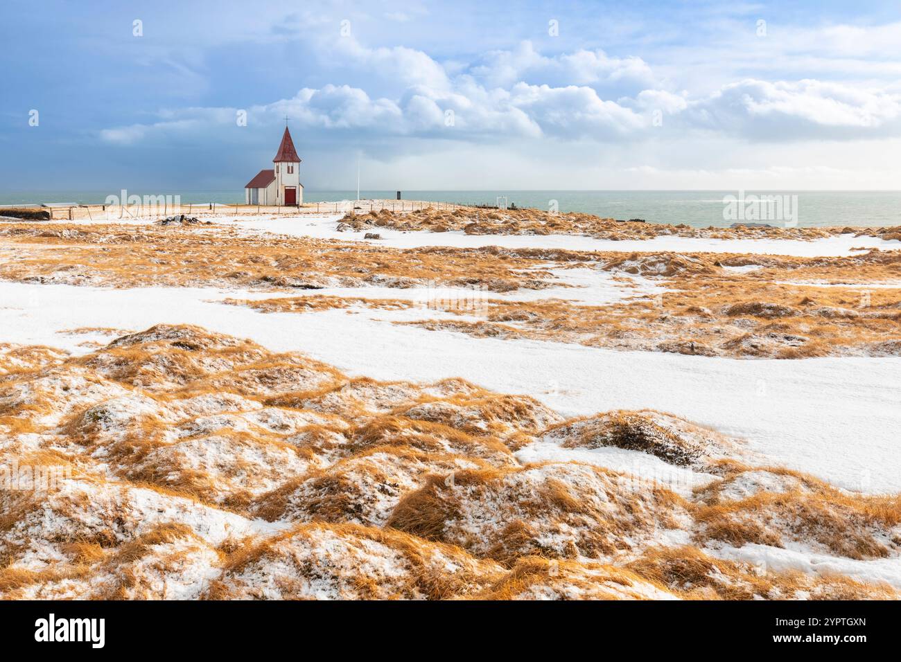 View of Hellnar church in the morning in winter. Hellnar, Snæfellsnes ...
