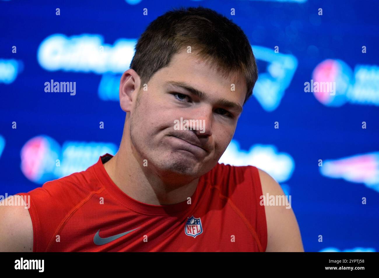 New England Patriots quarterback Drake Maye during a news conference ...