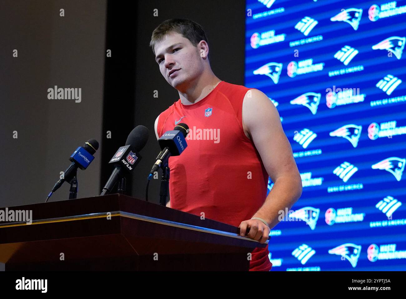 New England Patriots quarterback Drake Maye during a news conference ...