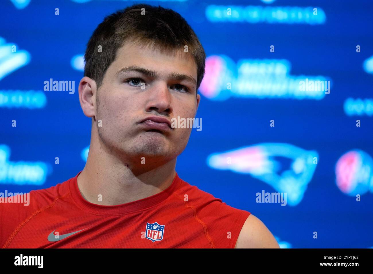 New England Patriots quarterback Drake Maye during a news conference ...