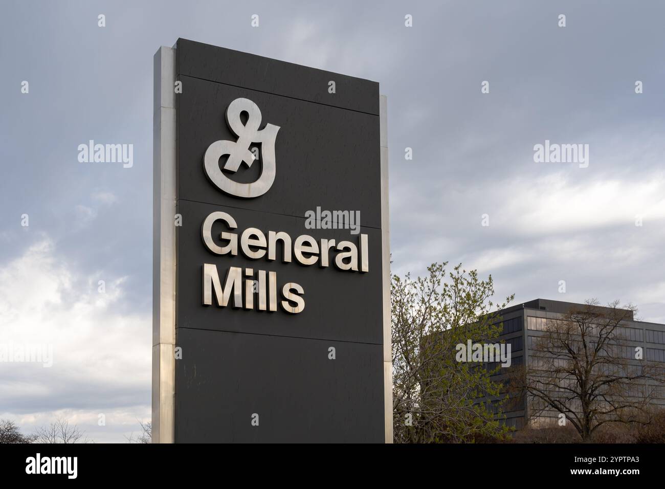 General Mills logo sign at the headquarters in Minneapolis, Minnesota ...