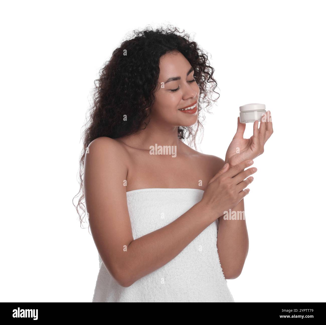 Beautiful woman with jar of cream on white background Stock Photo - Alamy