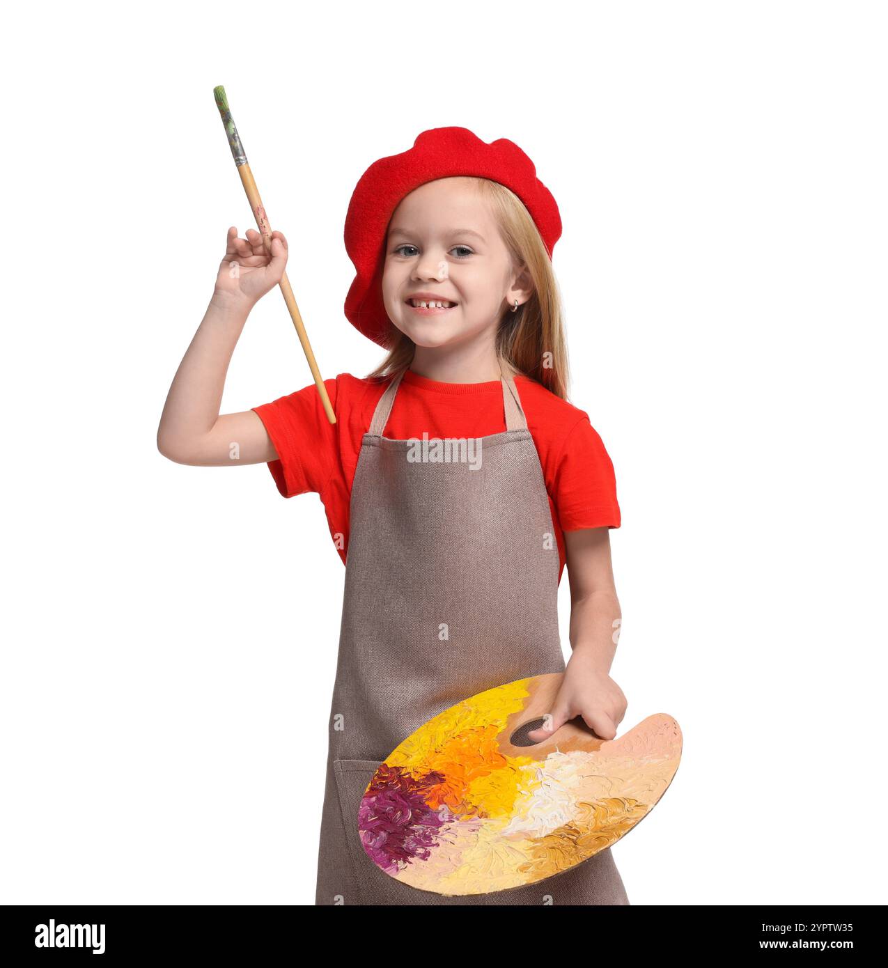 Little girl with brush and palette pretending to be artist on white ...