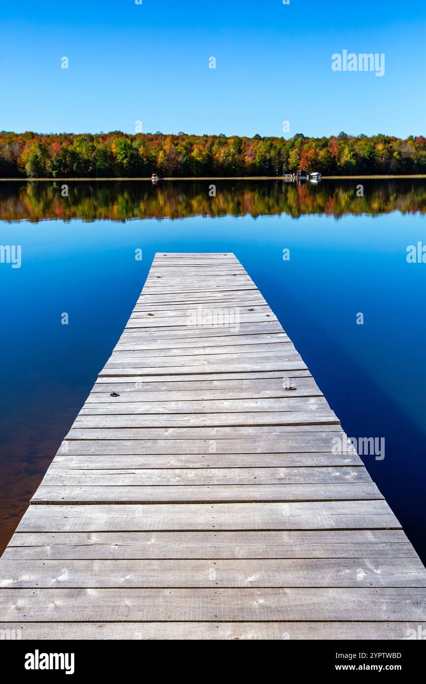 Colorful trees and a pier on the Wisconsin River in early October ...