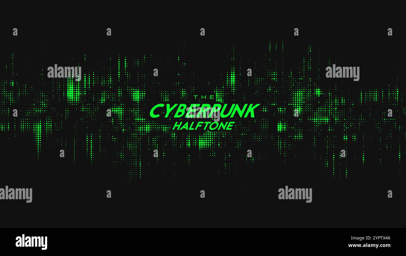 Abstract vector green cyberpunk halftone sound wave. Scrathed dotted ...