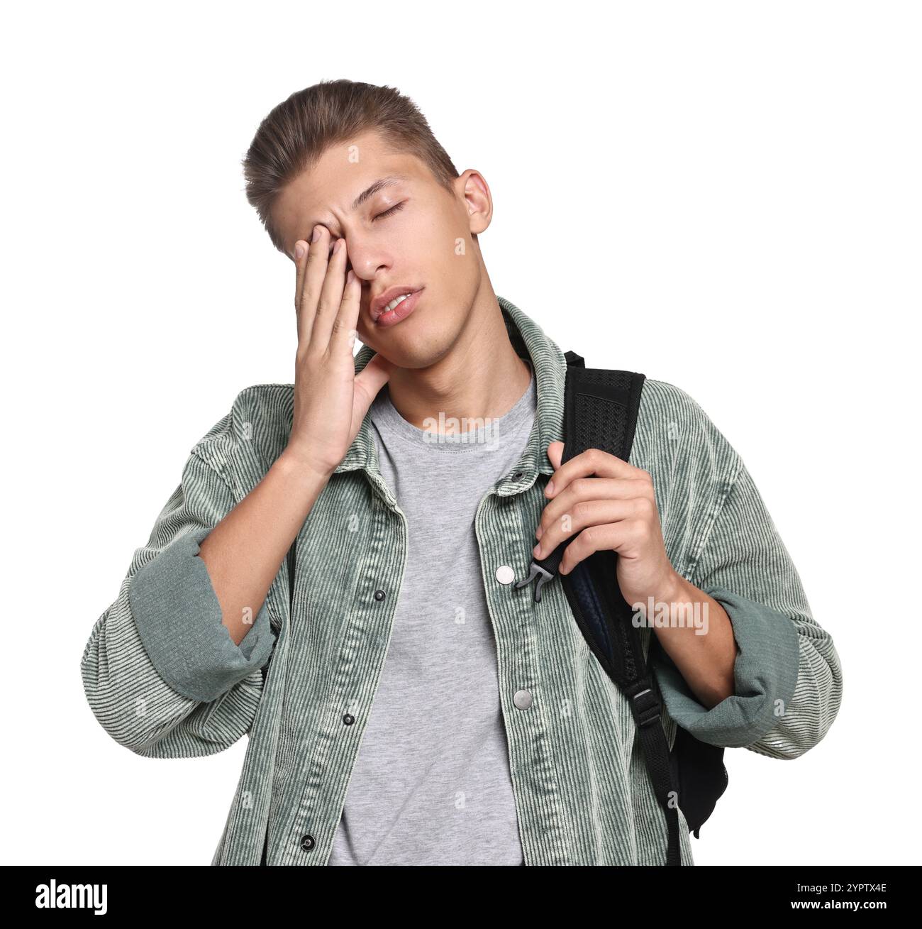 Tired student having stress before exam on white background Stock Photo ...