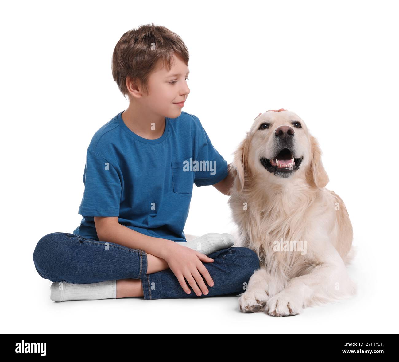 Boy with his cute dog on white background Stock Photo - Alamy