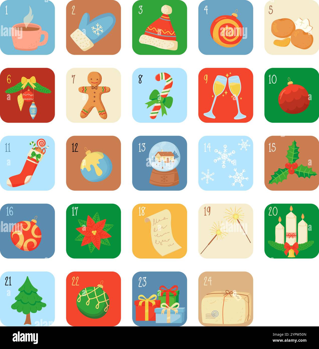 Colorful advent calendar featuring 24 festive icons, including ...