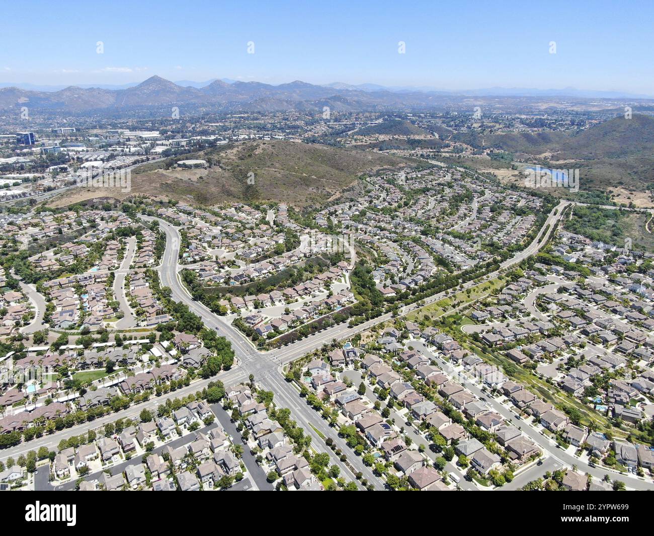 Aerial view of suburban neighborhood with big mansions in San Diego ...