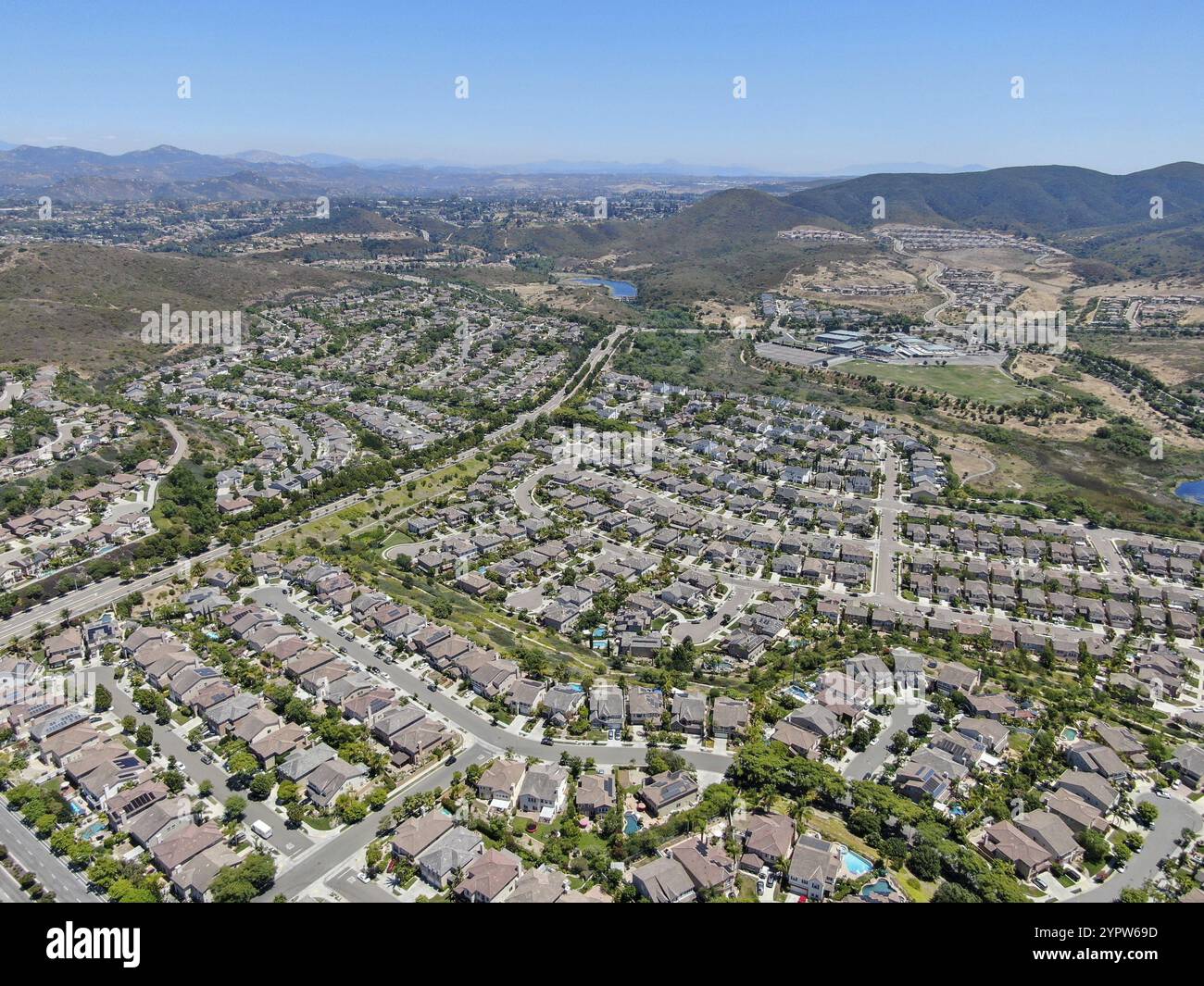 Aerial view of suburban neighborhood with big mansions in San Diego ...