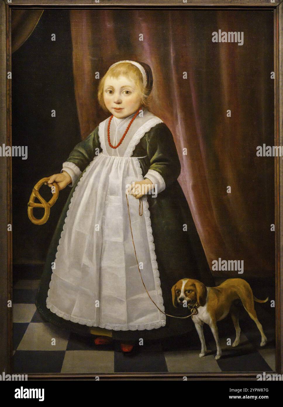 A girl holding a pretzel with a dog at her side, Jacob Gerrittz, Nins, portraits of children s ...