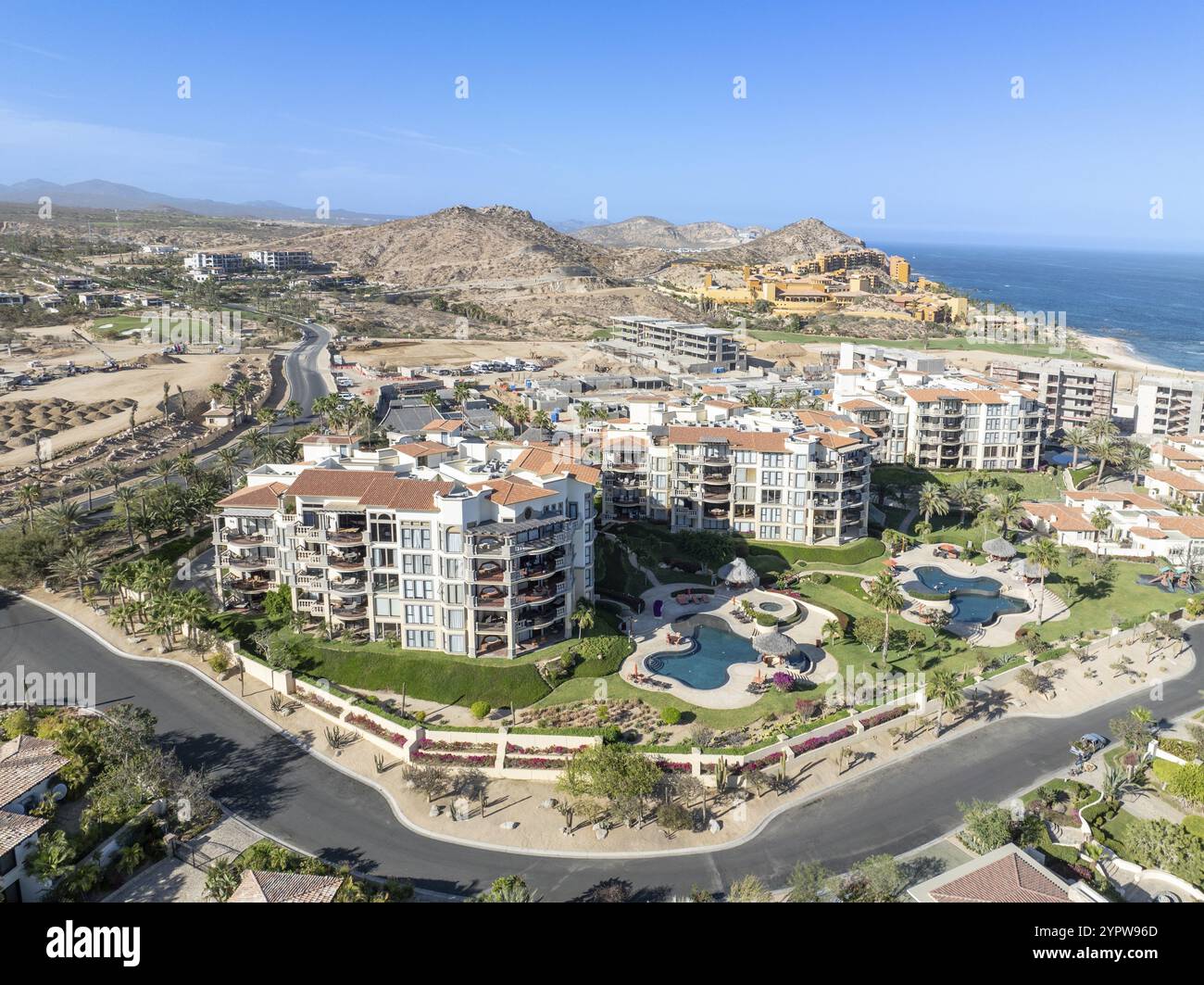 Aerial view of big resorts with pool in Cabo San Jose, Baja California ...
