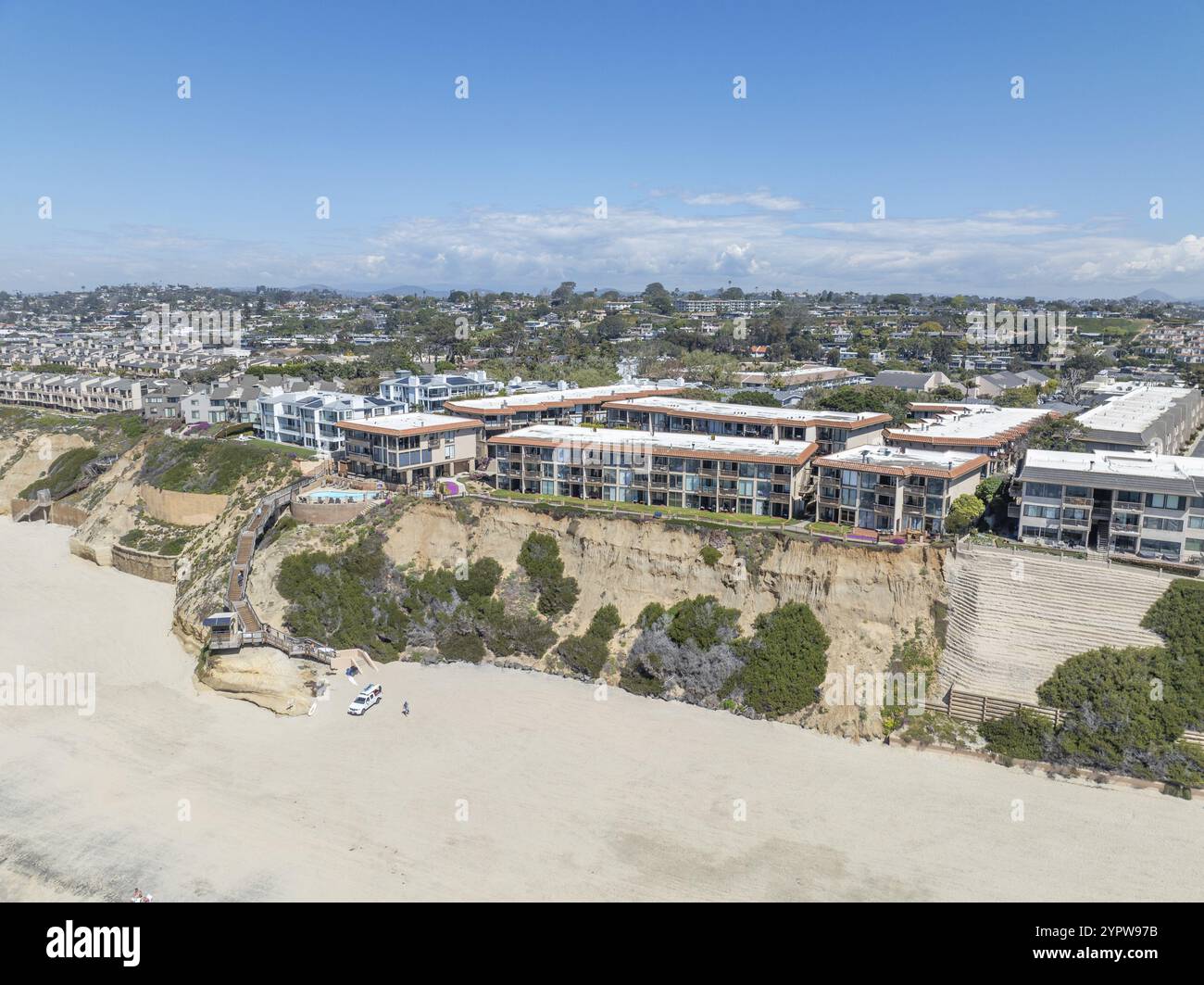 Aerial view of Del Mar Shores, California coastal cliffs and House with ...