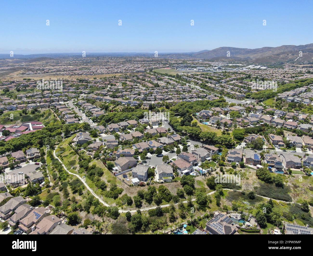 Aerial view of suburban neighborhood with big mansions in San Diego ...