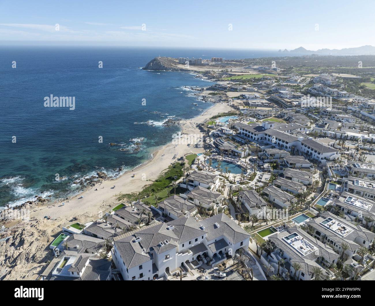 Aerial view of tropical beach with resorts in Cabo San Jose, Baja ...