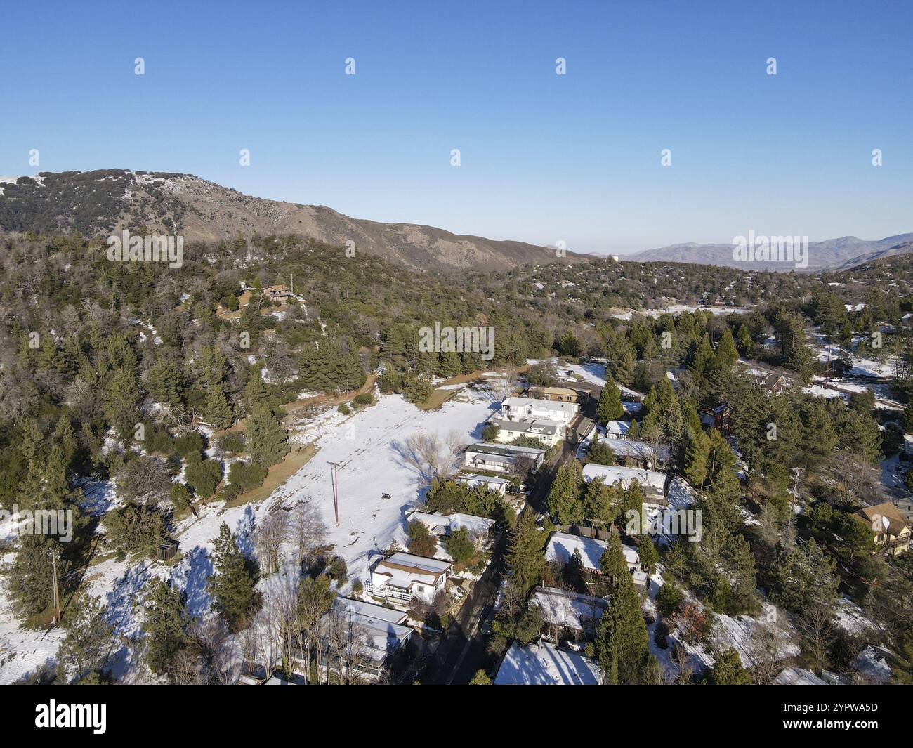 Aerial view of historic Downtown City of Julian during snow day. Famous ...