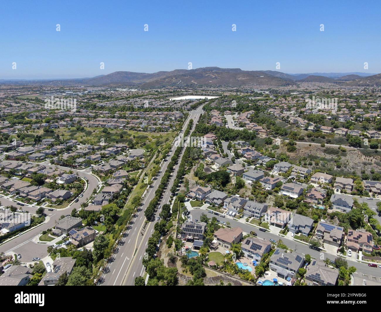 Aerial view of suburban neighborhood with big mansions in San Diego ...