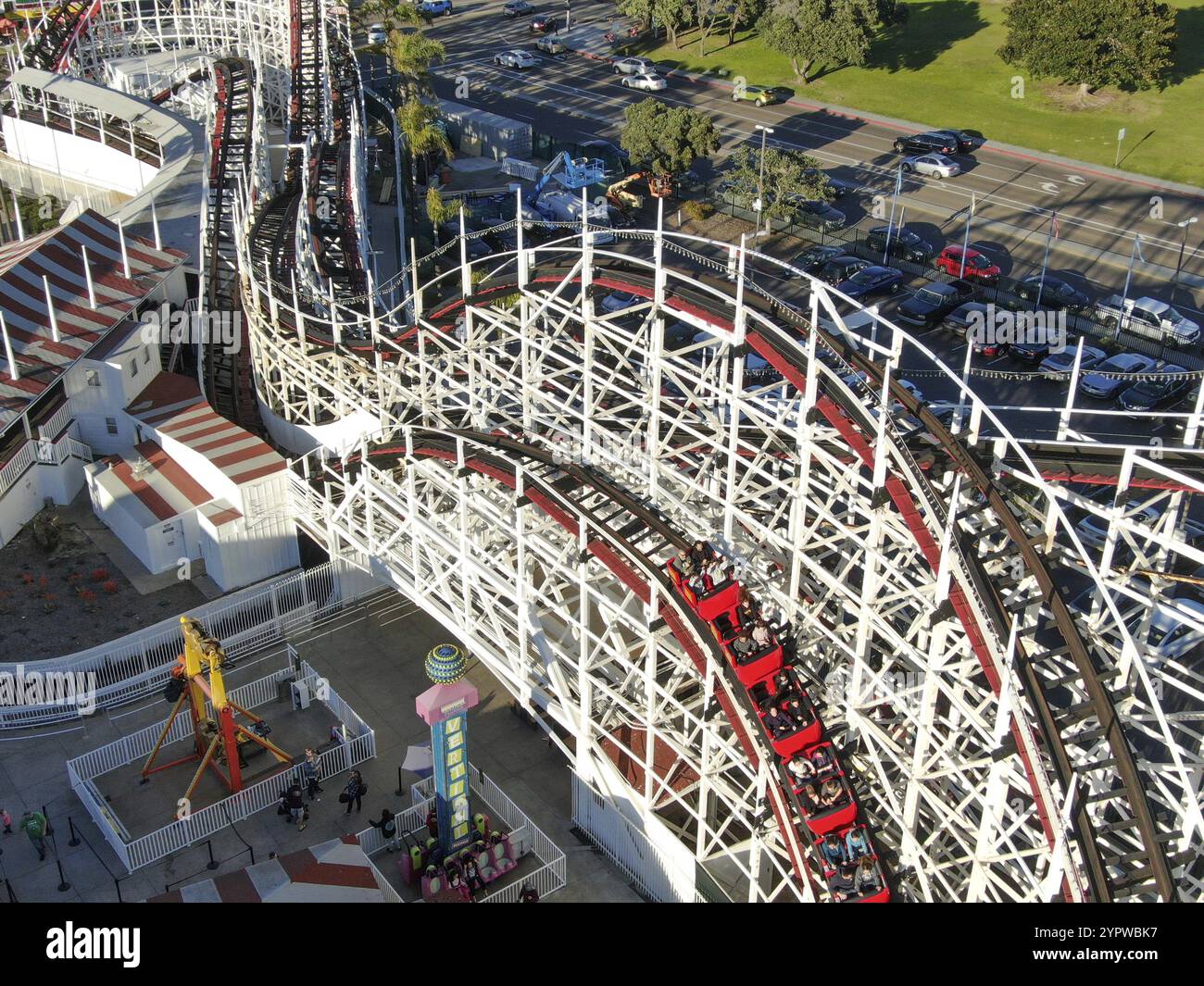 Aerial view of iconic Giant Dipper roller coaster in Belmont Park, an ...