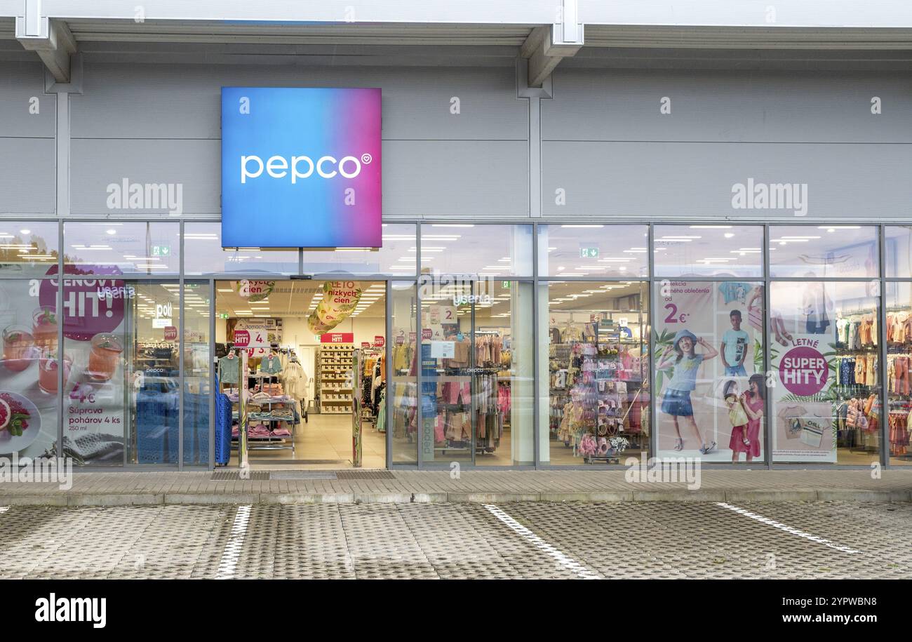 Zvolen, Slovakia, May, 4, 2024 : Pepco shop entrance. Brand logo ...