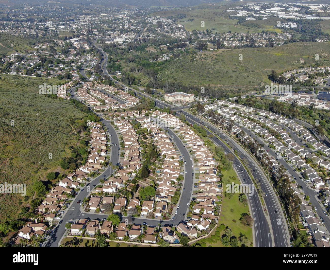 Aerial view of upper middle class neighborhood with big villas around ...