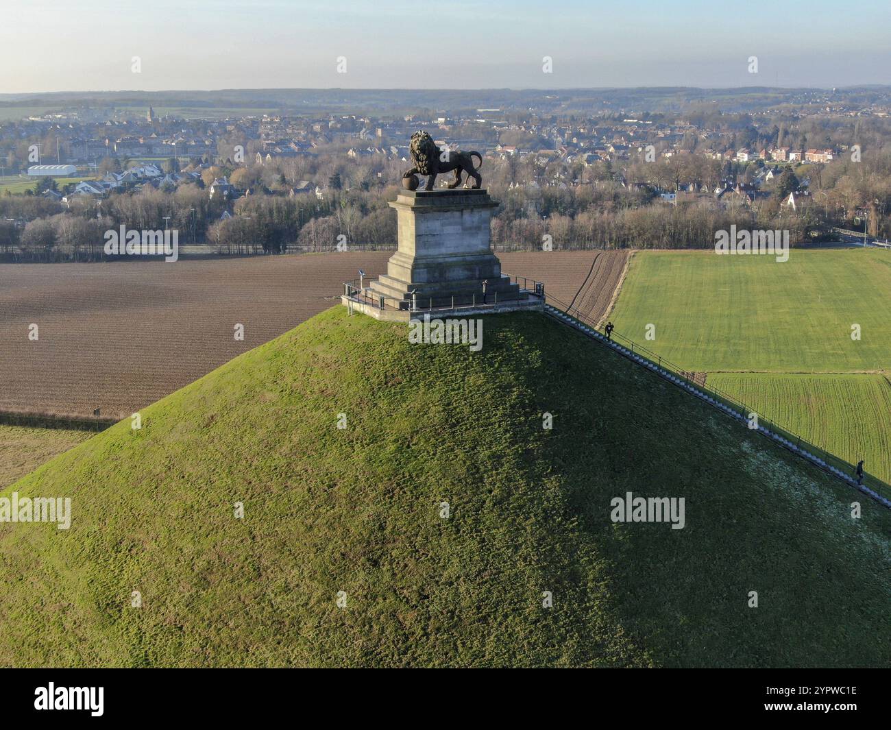 Aerial view of The Lion's Mound with farm land around. The immense ...