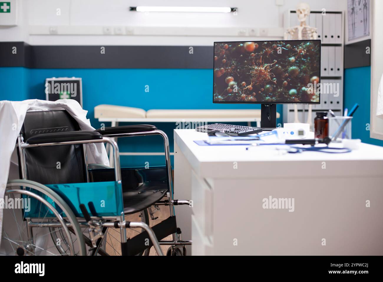 Digital monitor in empty medical office, showing microscopic germs for ...