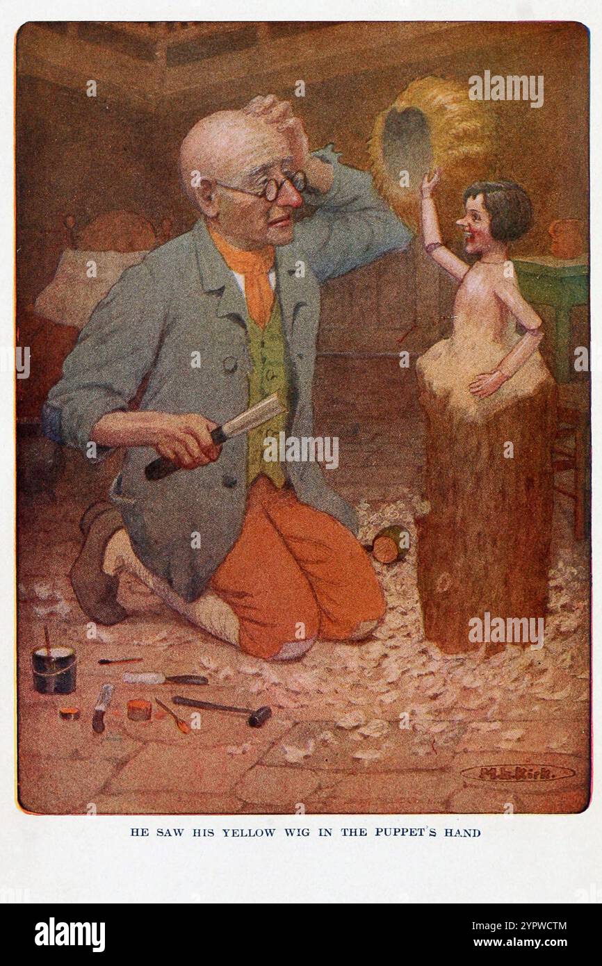 Geppetto at work carving wooden boy doll. Vintage Book Plate ...