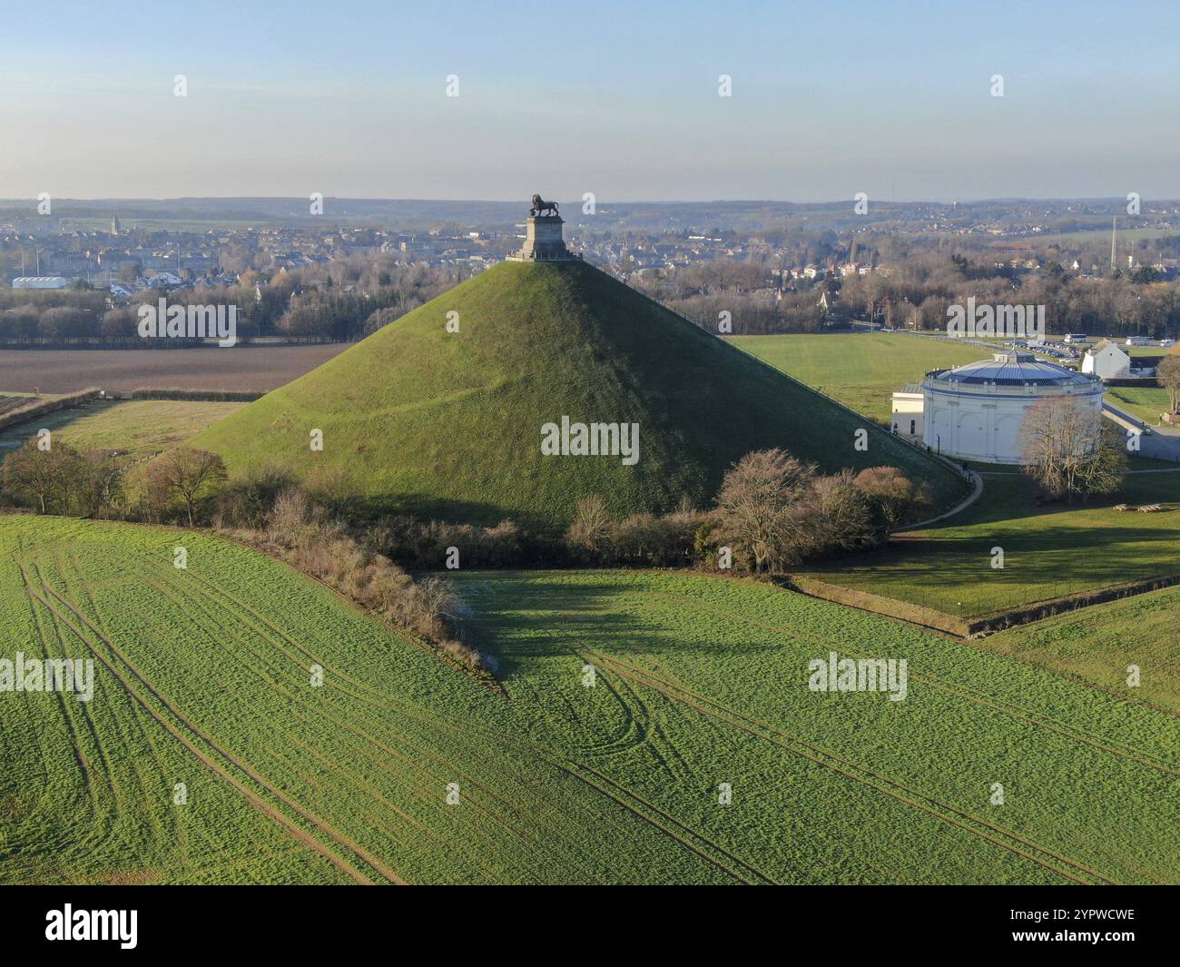 Aerial view of The Lion's Mound with farm land around. The immense ...
