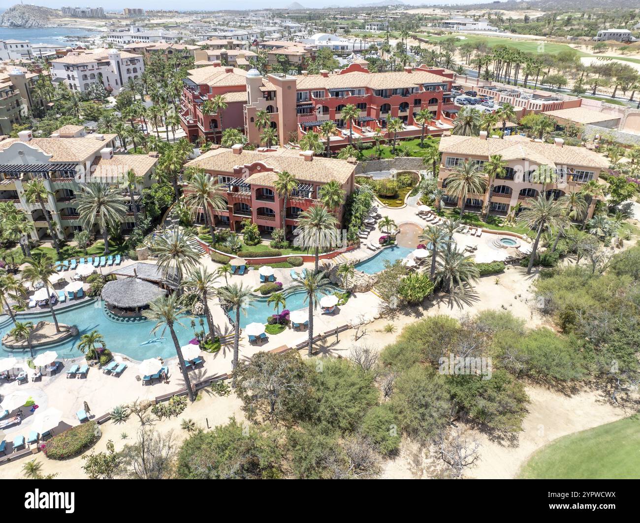 Aerial view of big resorts with pool in Cabo San Jose, Baja California ...