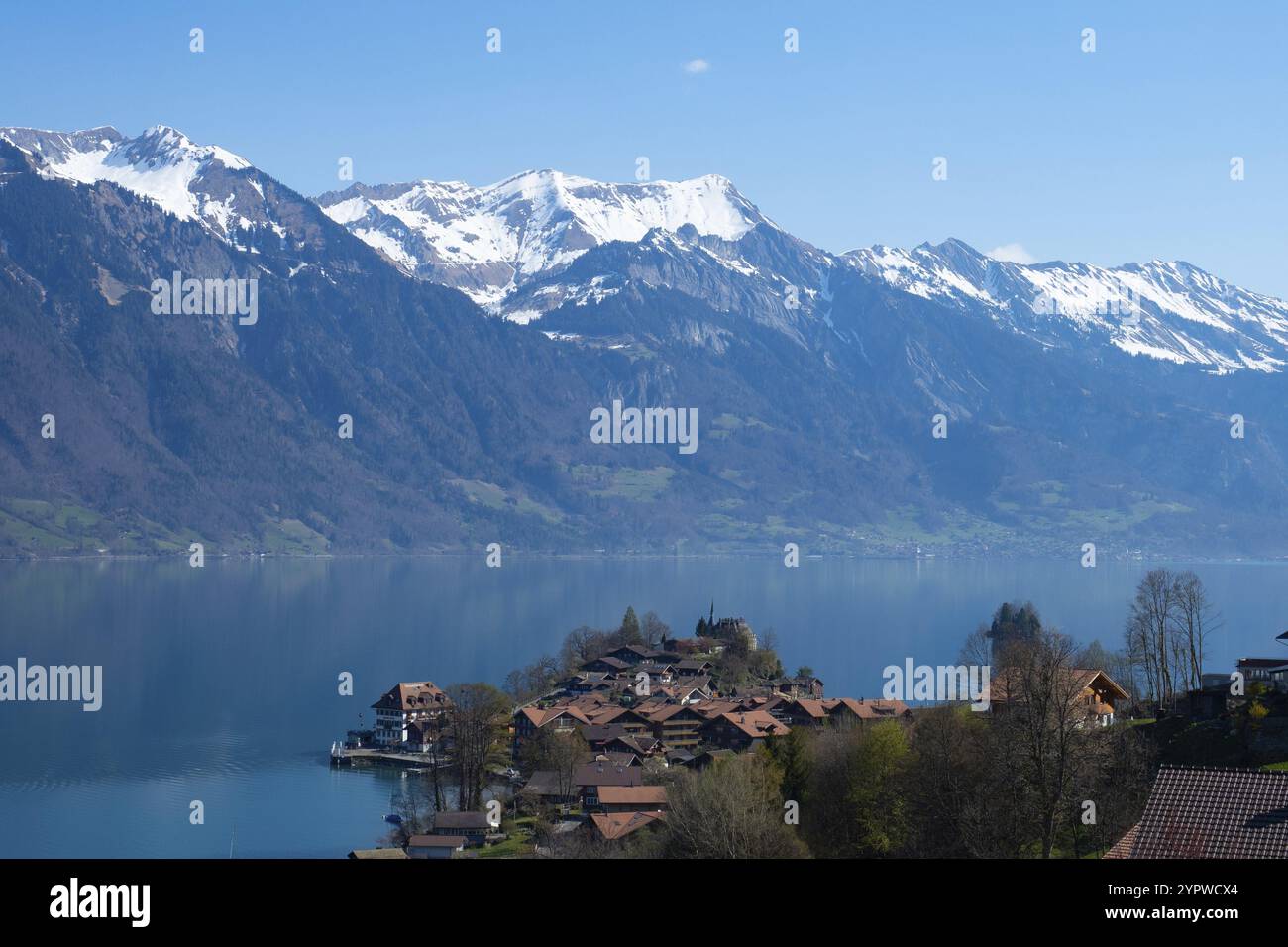 Beautiful scenery at lake Brienzersee, Switzerland. The small village ...