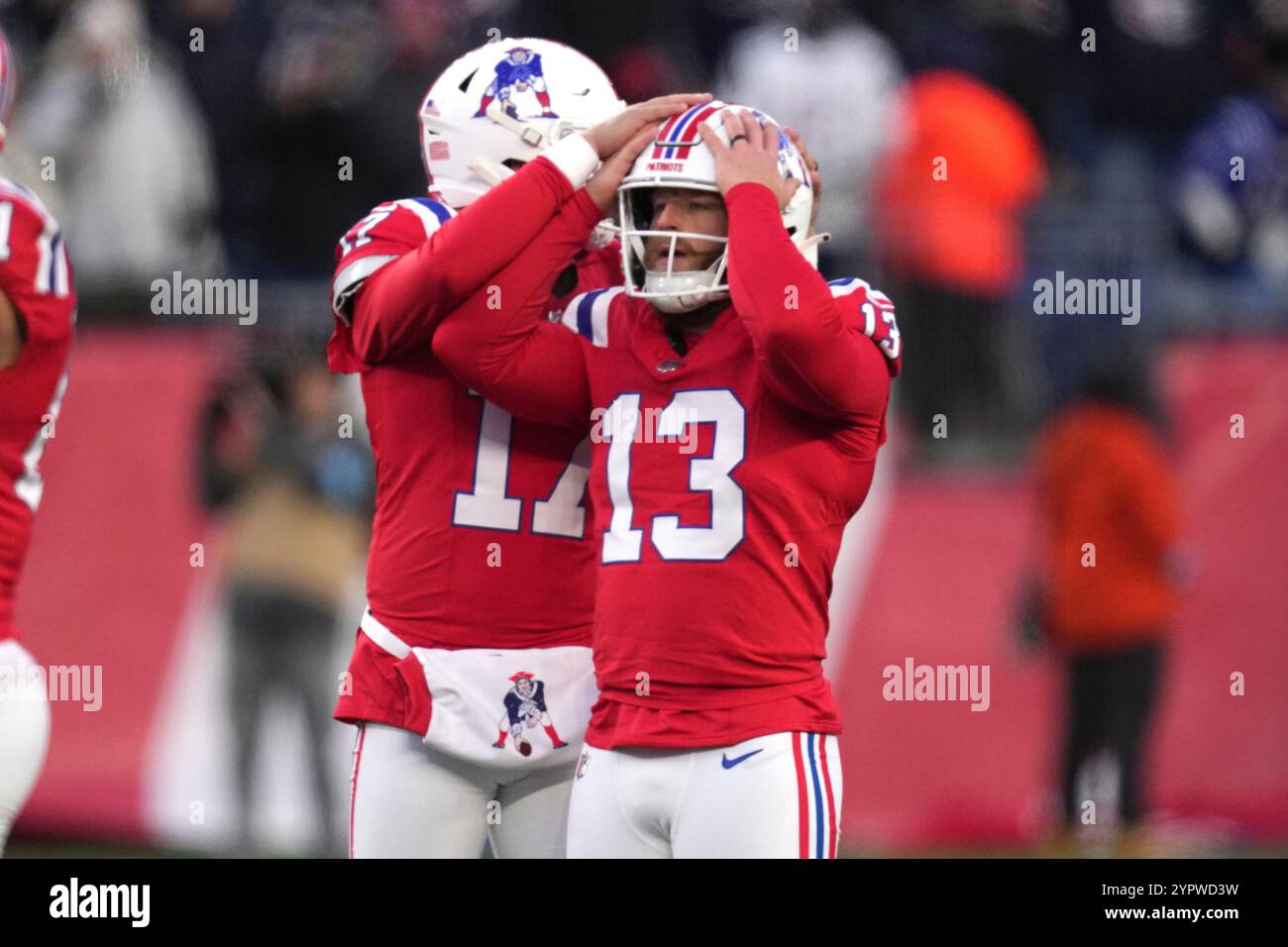 New England Patriots place kicker Joey Slye (13) reacts after a missed ...