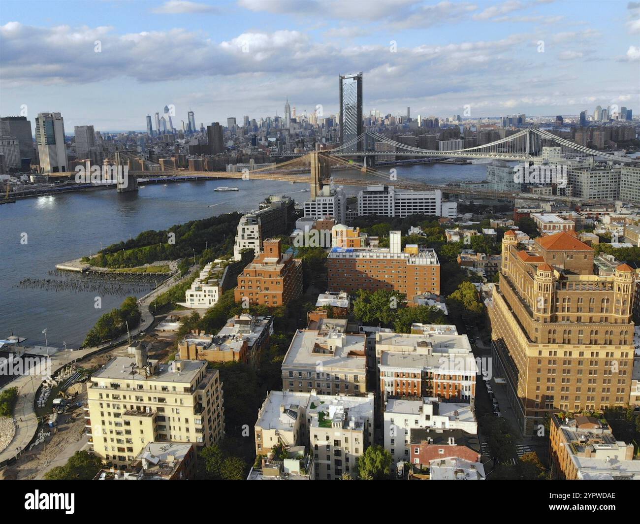 Aerial view of downtown Brooklyn with Hudson River and Brooklyn Bridge ...