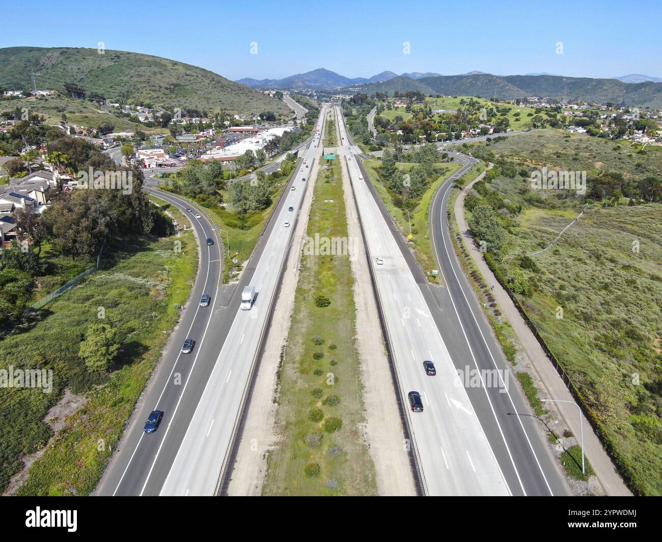 Aerial view of highway, freeway road with vehicle in movement ...