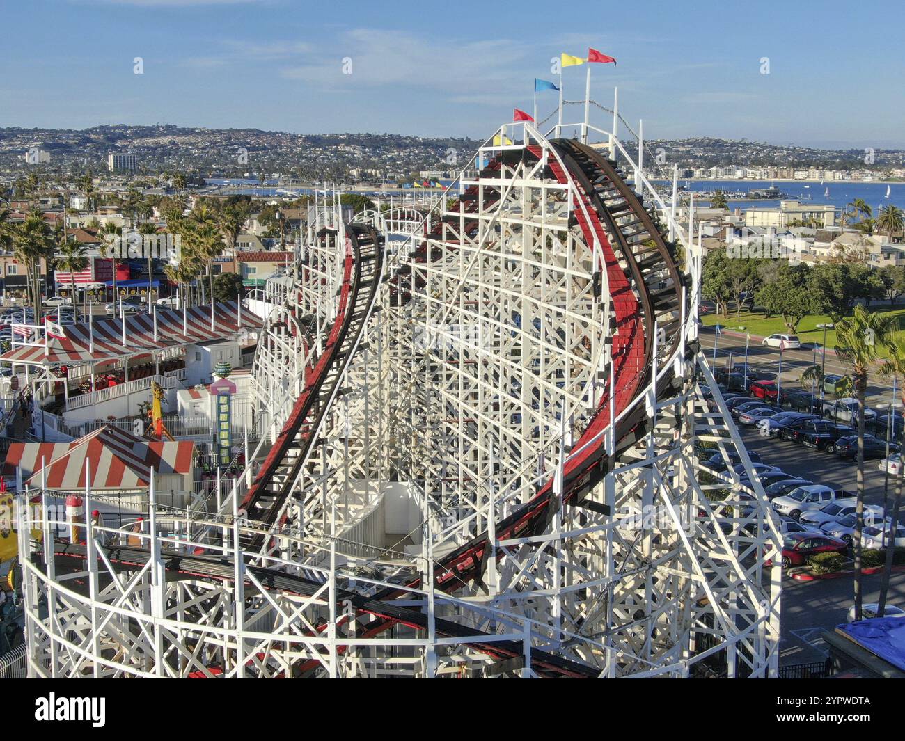Aerial view of iconic Giant Dipper roller coaster in Belmont Park, an ...