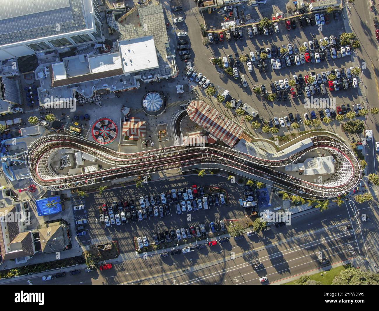 Aerial view of iconic Giant Dipper roller coaster in Belmont Park, an ...