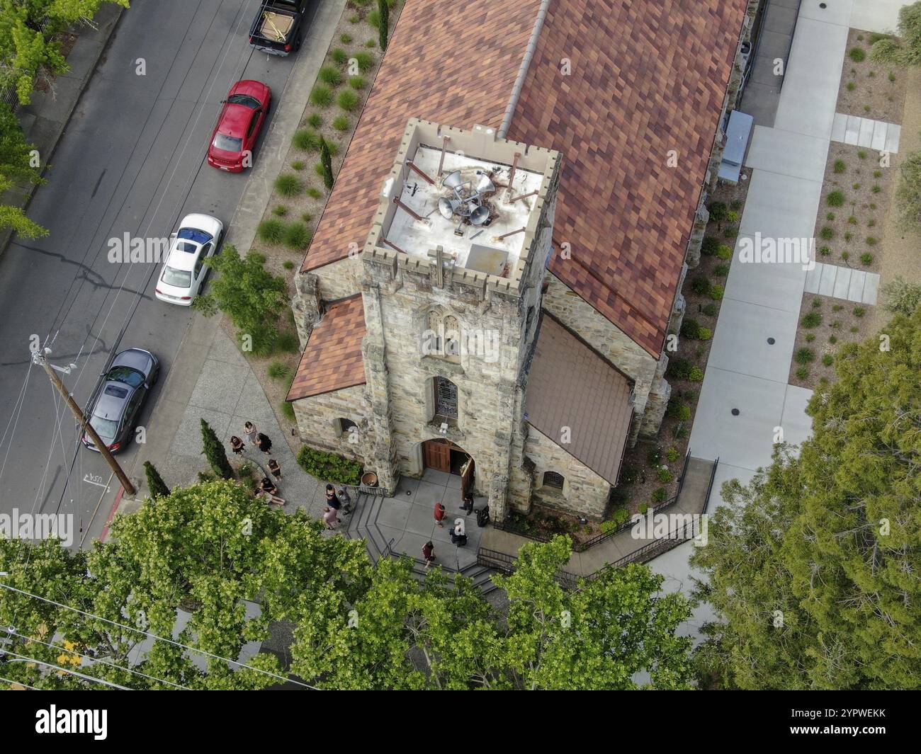 Aerial view of St. Helena Roman Catholic Church, historic church ...