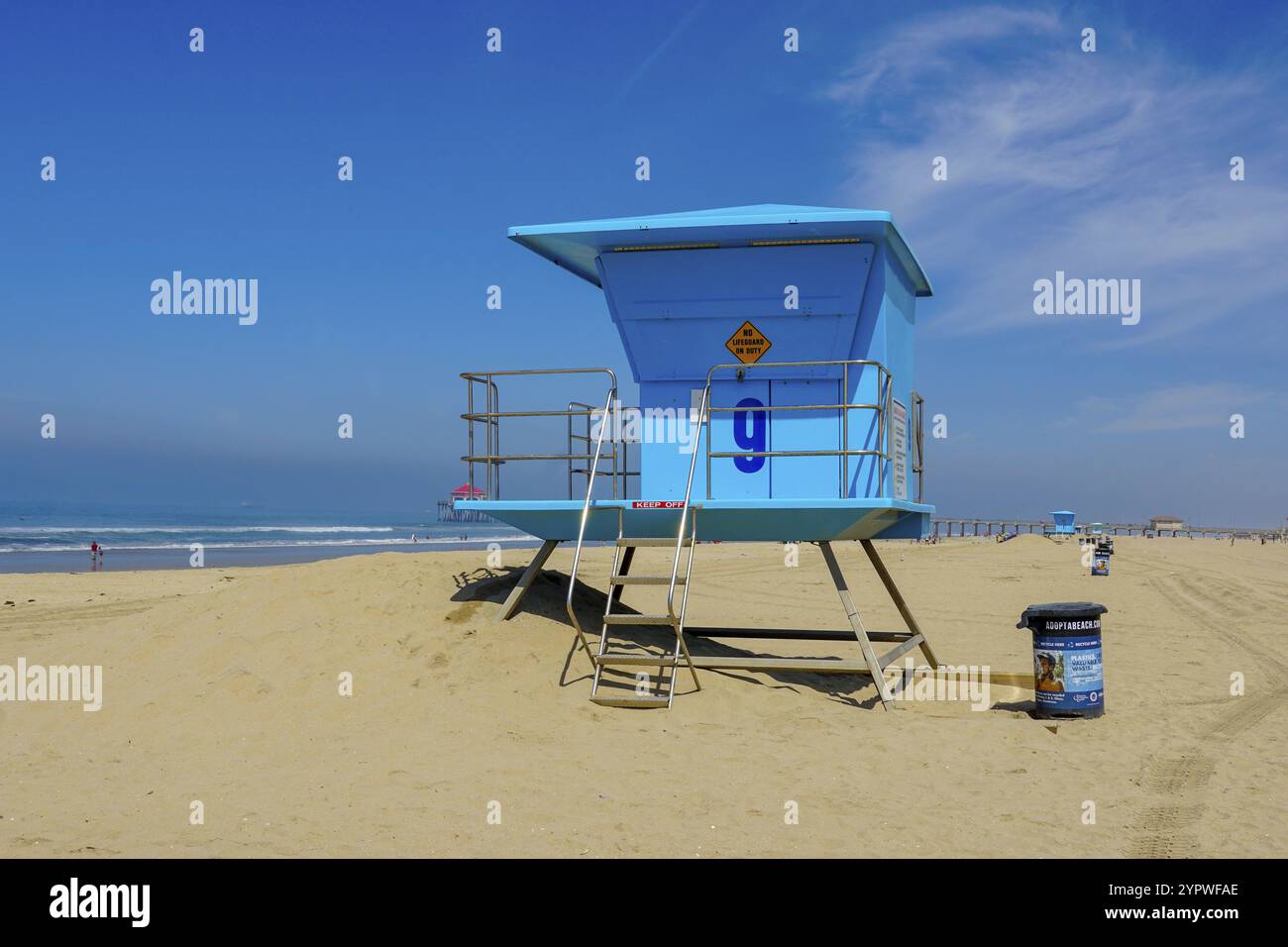 Lifeguard tower on the Huntington Beach during sunny day. Southeast Los ...