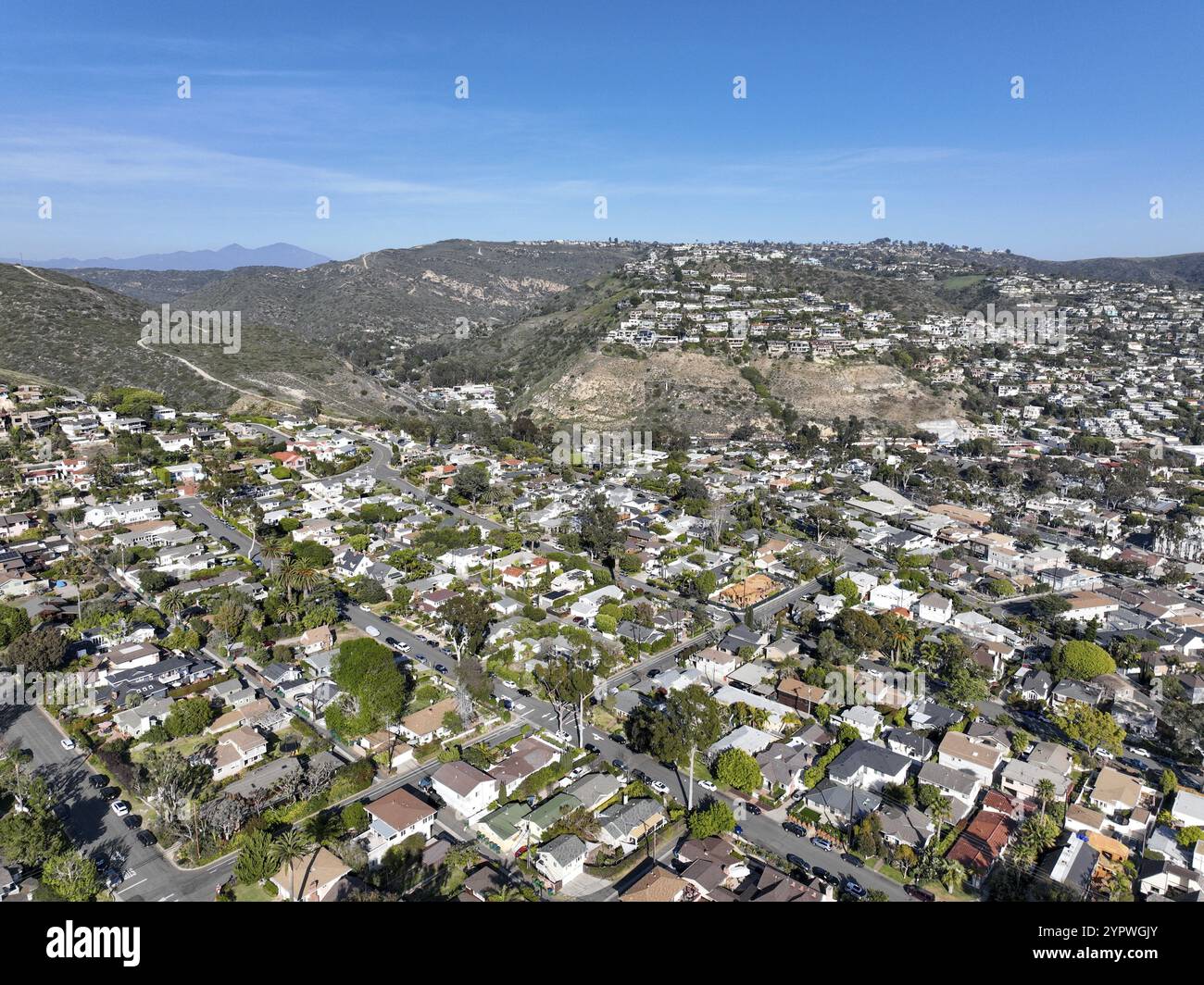 Aerial view of Laguna Beach coastline town with vilas on the hills ...