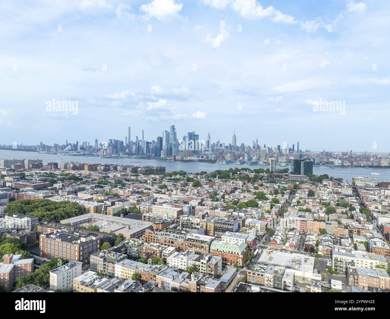 Aerial View of Hoboken downtown and Manhattan Skyline on the background ...