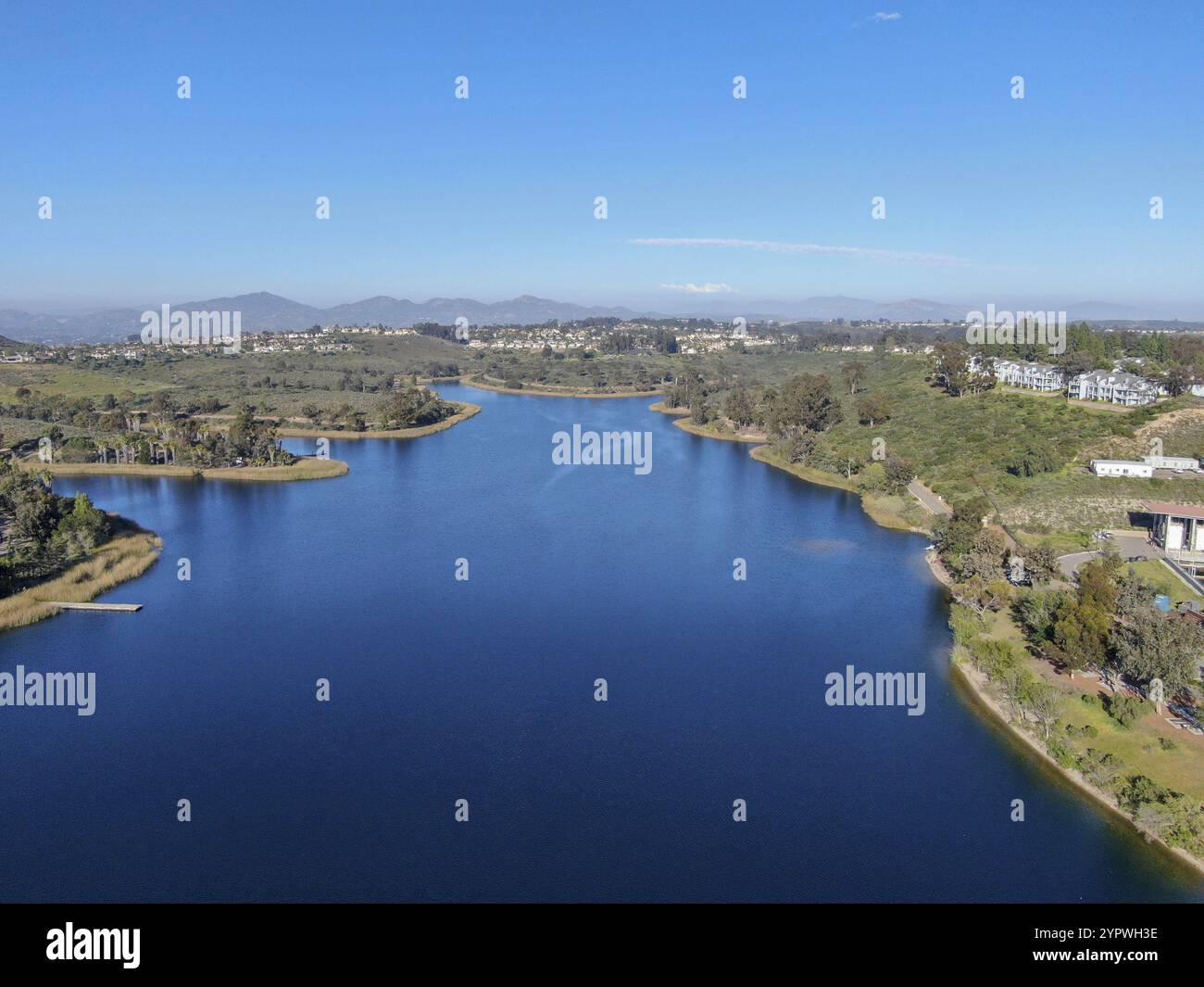 Aerial view of Miramar reservoir in the Scripps Miramar Ranch community ...
