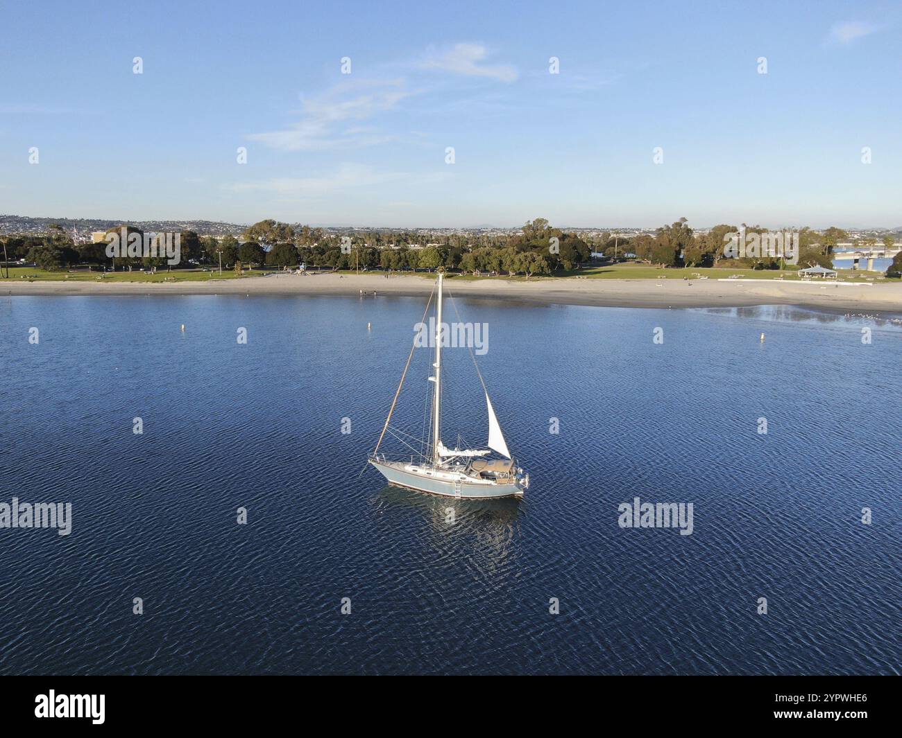 Aerial view of small sail boats in the Mission Bay of San Diego ...