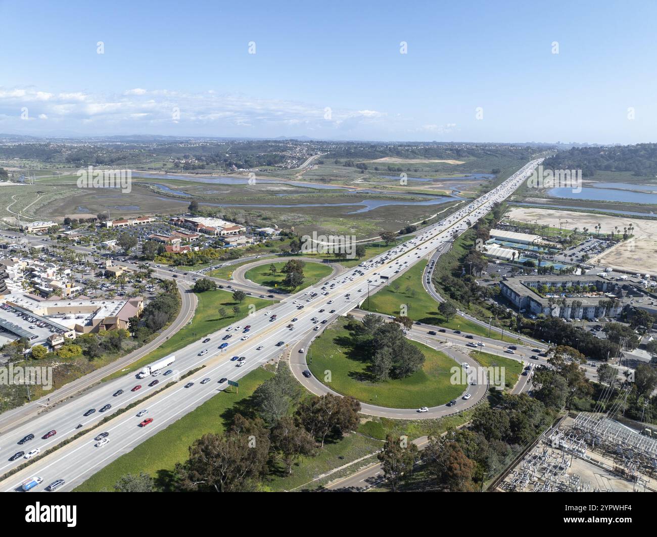 Aerial view of highway transportation with small traffic, highway ...