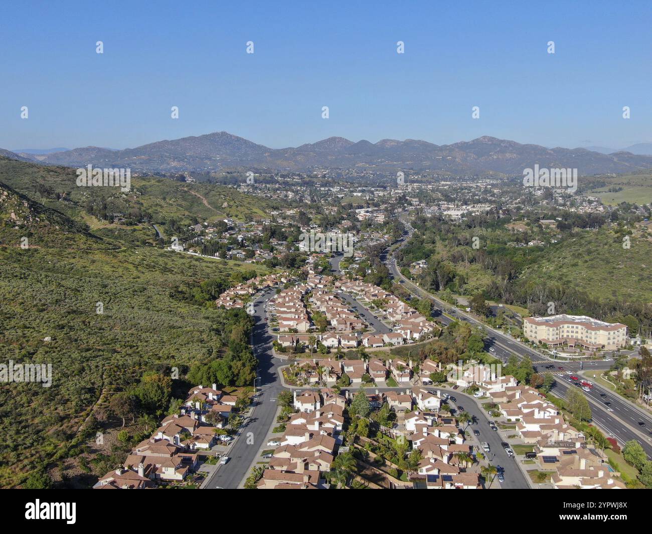 Aerial view of upper middle class neighborhood with big villas around ...