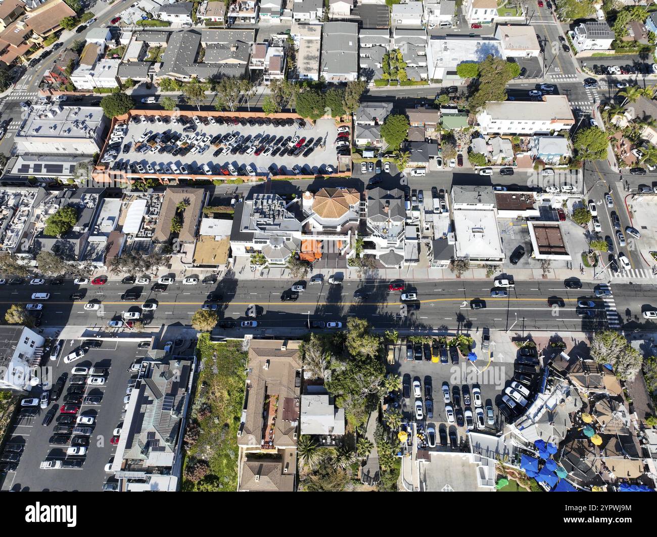 Aerial view of Laguna Beach coastline town with vilas on the hills ...