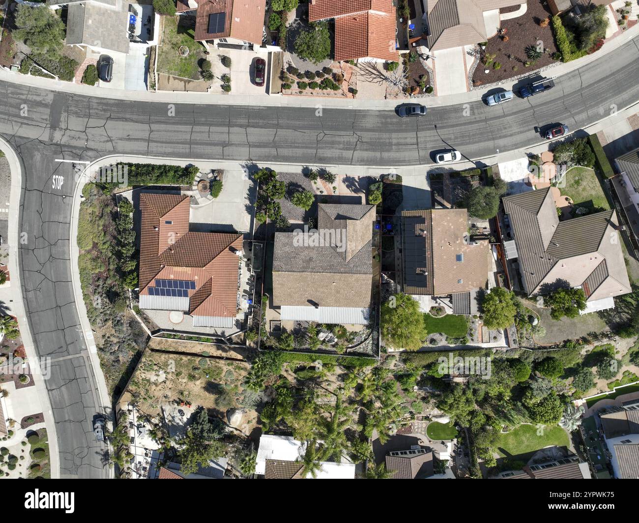 Aerial top view of middle class neighborhood with villas in South ...
