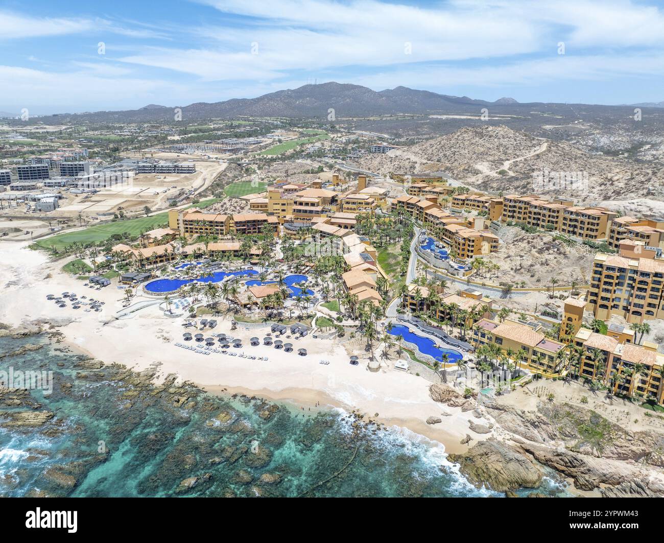 Aerial view of tropical beach with resorts in Cabo San Jose, Baja ...