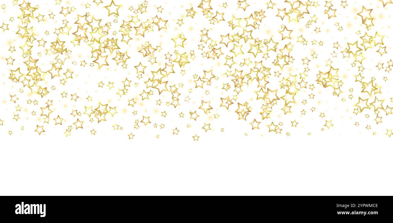 Gold sparkling star confetti. Chaotic dreamy childish overlay template. Festive stars vector ...